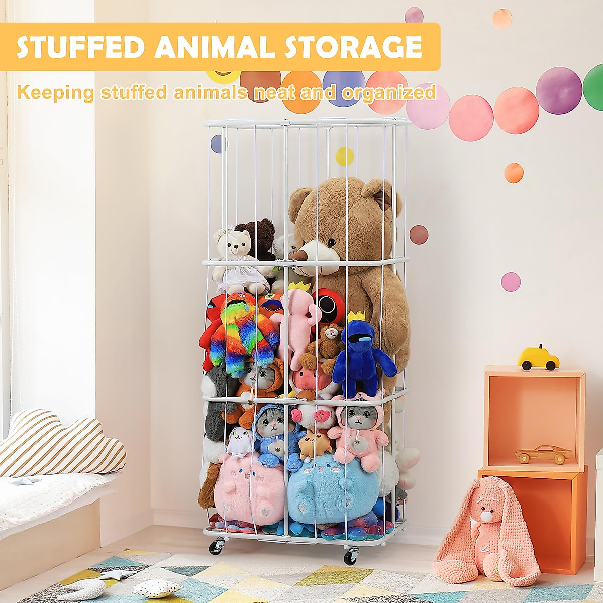 Ebeneze Metal Stuffed Animal Storage, Large Stuffed Animal Zoo Holder, Kids Toy Storage Organizer with Wheel and Elastic String, Plush Storage Shelf for Kids Room, Bedroom, Playroom, Nursery, White