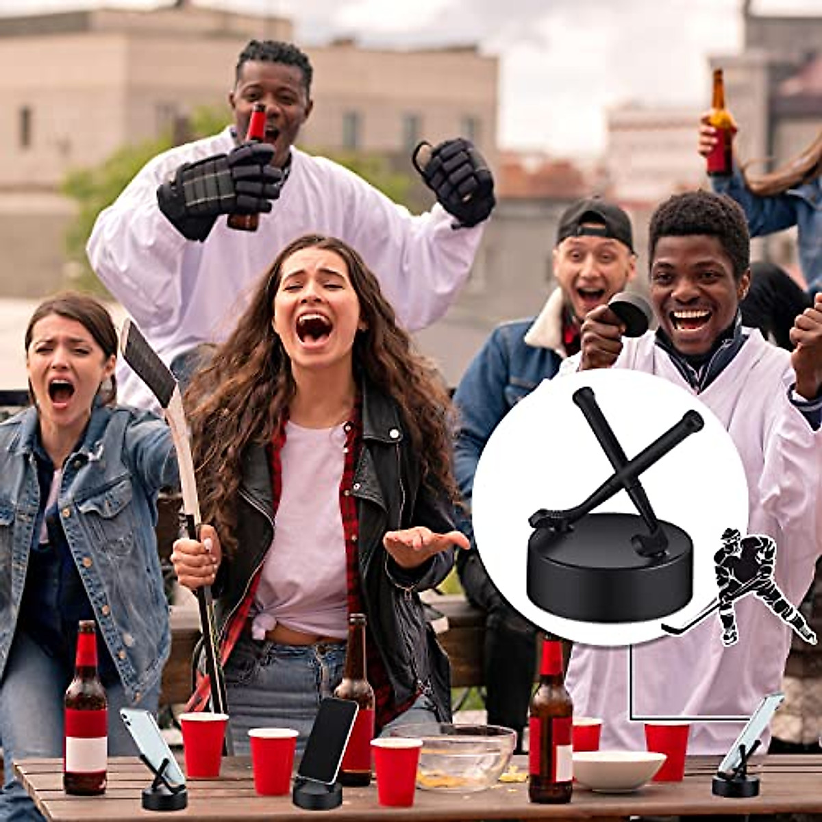 Dunzy 2 Pcs Hockey Cell Phone Stand Universal Smartphone Holder Hockey Puck Phone Stands for Desk Accessories Home Office Desktop, Compatible with Most Mobile Phones