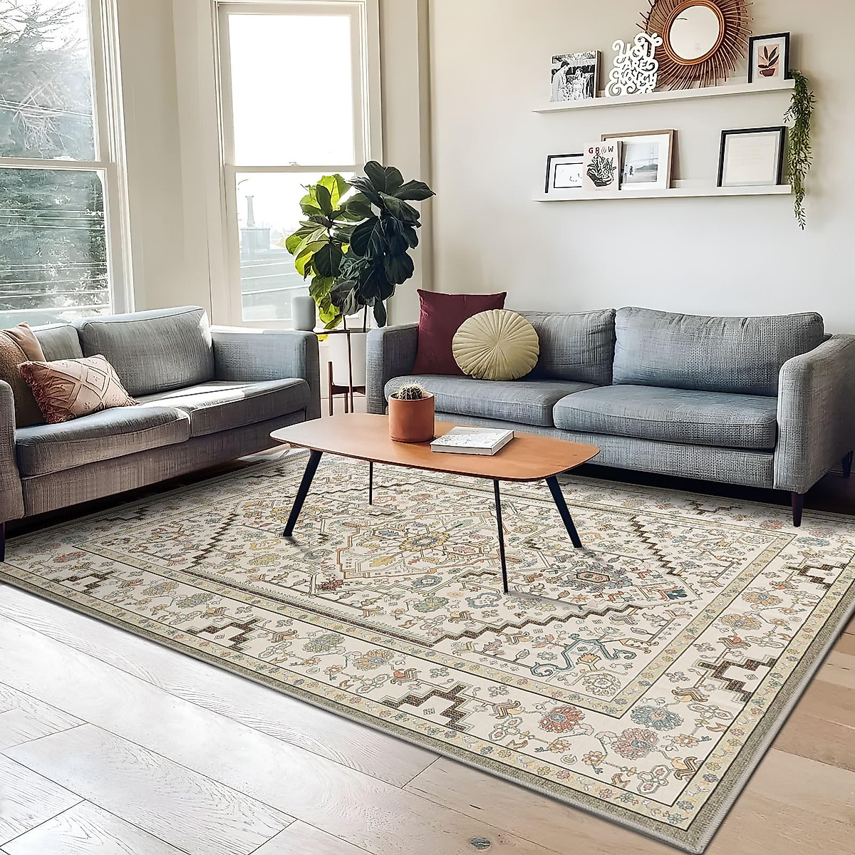 Rineflo-2'x3' Washable Indoor Doormat, Non-Slip Retro Door Mat ，Boho Mat Low-Pile Entryway Rug，Suitable for Bedroom, Study, Bathroom Entrance Carpet (Beige Green, 2'x3')