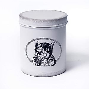 The PetSteel Antique White Treat Jar. Sturdy Treat or Food Storage Canister with Cute Cat Design.Tight Fitting Lids. Pet Food Container Fit's Up To 2lbs of Treats