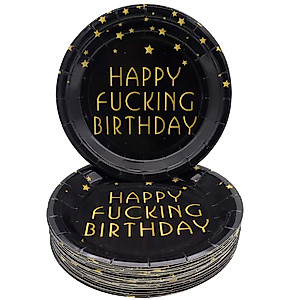 Pandecor Black and Gold Happy FING Birthday party supplies,50PCS Disposable Paper Plates 7 Inch Cake Plates for Adult Funny Birthday Party