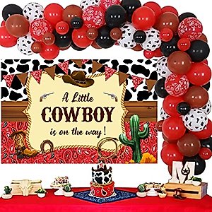 Western Cowboy Baby Shower Decorations for Boy, Red and Black Balloon Garland Arch Kit, A Little Cowboy Is on The Way Backdrop for Wild West Baby Shower Decorations