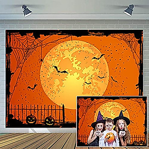 CYLYH 7x5ft Happy Halloween Orange Backdrop Halloween Eve BackdropHalloween Party Lantern Moon Bat Spider Web Graveyard Fence Photography Background Party Decorations