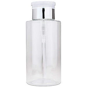 Pana 10oz. Push Down Clear Plastic Liquid Dispenser Bottle for Alcohol, Toner, Cleanser & Makeup Remover (No Wording, Clear W/Silver Chrome)