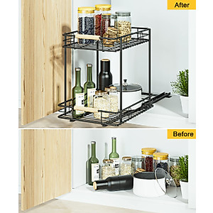 ESOW Pull Out Cabinet Organizer with 2 Tier, Heavy Duty Under Sink Slide Out Storage Shelf with Wooden Handle in Kitchen, Bathroom, Pantry, 12.79" W x16.5 D x16.14 H, SUS304 Matte Black