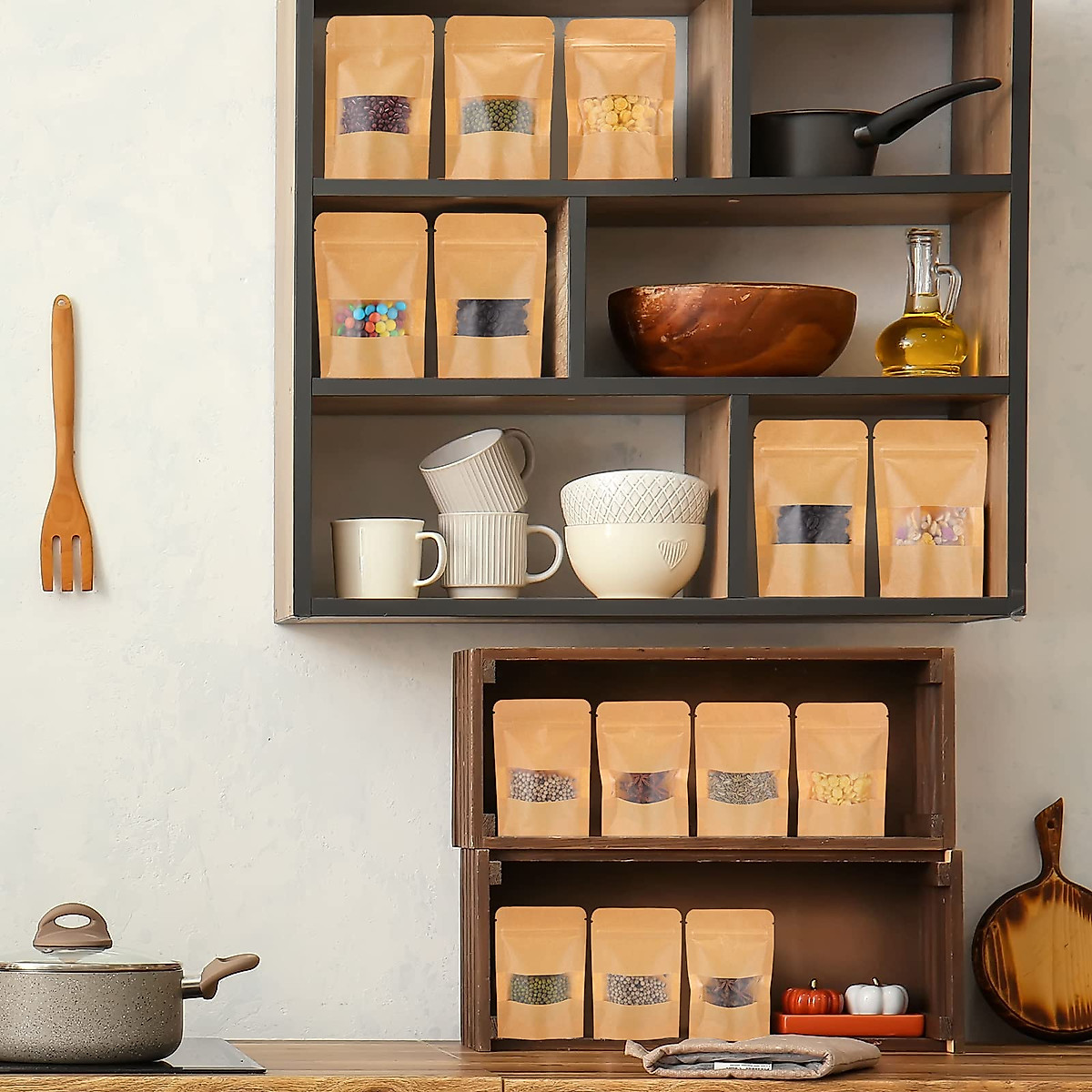 Geosar 450 Pcs Kraft Bags with Window Kraft Stand up Paper Pouches Bulk 3.5 x 5.5 in Zipper Lock Bags with Tear Notch Resealable for Food Reusable Sealable Treat for Home Business Package Storage