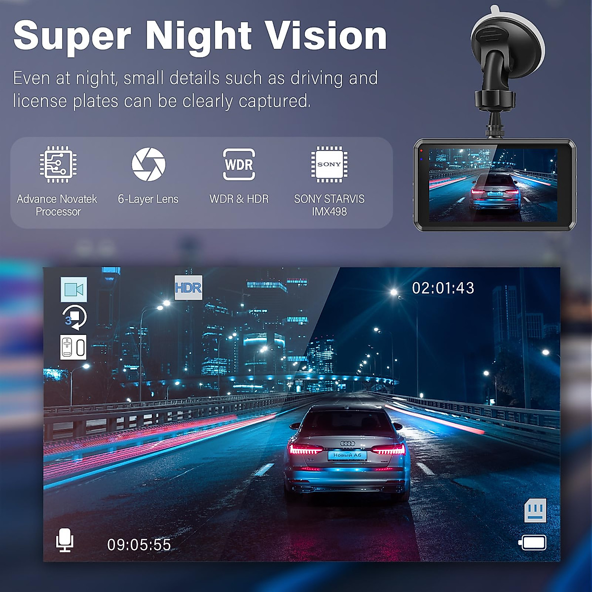 SHRINLUCK 2K Dual Dash Camera for Cars, Free 64G SD Card, FHD 2K+1080P Dash Cam Front and Rear,3.2'' IPS Screen,176° Wide Angle Dashcam,24H Parking Monitor,G-Sensor,Loop Recording,Night Vision,WDR