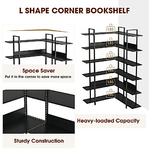 Daesar 74.8 Inch Bookshelf L-Shape MDF Boards Stainless Steel Frame Corner 6-Tier Shelves Adjustable Foot Pads, Black