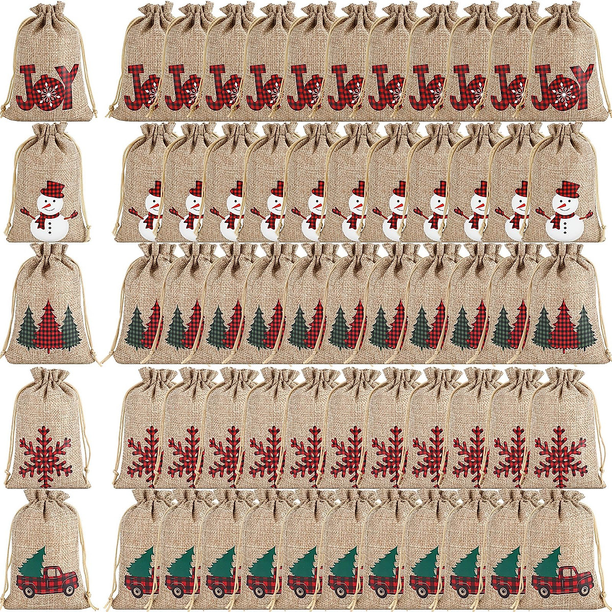 Paterr 100 Pcs Christmas Burlap Gift Bags Bulk for Party Favors 4x 6 Inch Christmas Linen Bags with Drawstring Small Jute Christmas Treat Bag Reusable Linen Treat Sacks for Holiday (Plaid Style)