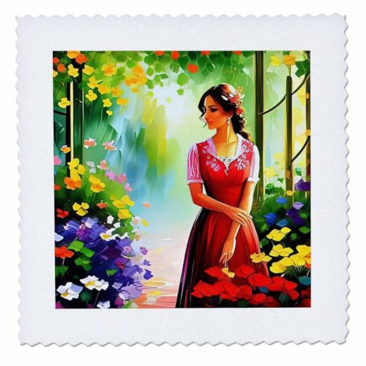 3dRose Pretty Lady in red Dress in The Summer Garden of Colorful... - Quilt Squares (qs-379137-2)