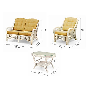 Malibu Lounge Set of 4: 2 Natural Rattan Wicker Chairs, Loveseat with Light Brown Cushions and Coffee Table w/Glass Handmade, White Wash