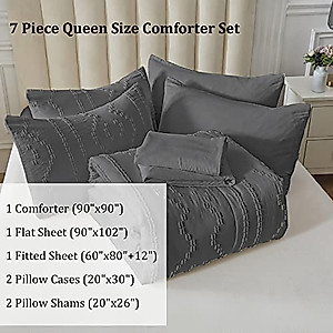 Luxudecor Dark Grey Boho Comforter Set Queen Size 7 Piece Bed in a Bag, Tufted Shabby Chic Comforter, Elegant Embroidery Bedding Set for All Season (Dark Grey, 90''x90'')