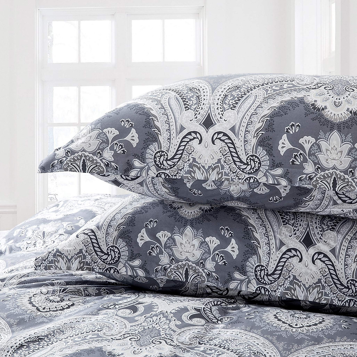 Moroccan Paisley Duvet Cover 3pc Set Bohemian Bedding Boteh Damask Medallion 400TC Egyptian Cotton Sateen Luxury Ombre Style Bed Linen (Oxford Grey, Super King)