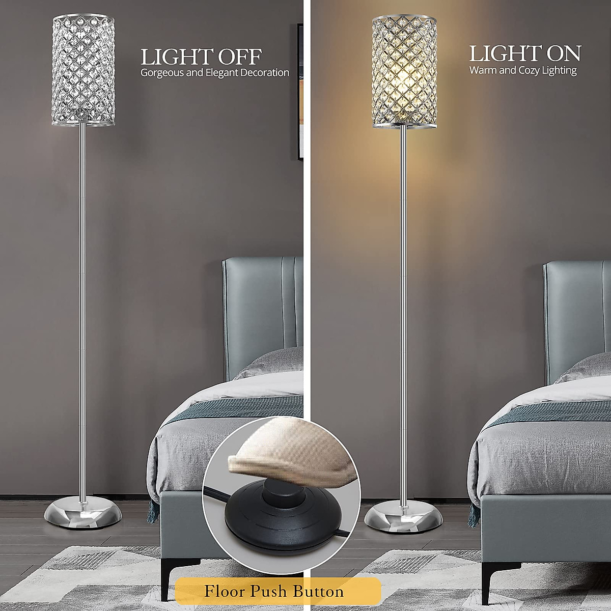 GyroVu Crystal Floor Lamp, Elegant Standing Lamp Modern Floor Lamp Silver Finish Tall Pole Lamp Accent Light with On/Off Foot Switch for Living Room, Girl Bedroom, Dresser, Office