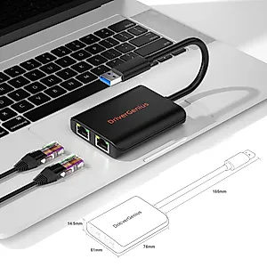 DriverGenius USB 3.0 to Dual Port Gigabit Ethernet Adapter NIC w/USB Port - Compatible for Windows 11, macOS 15 (CU200)