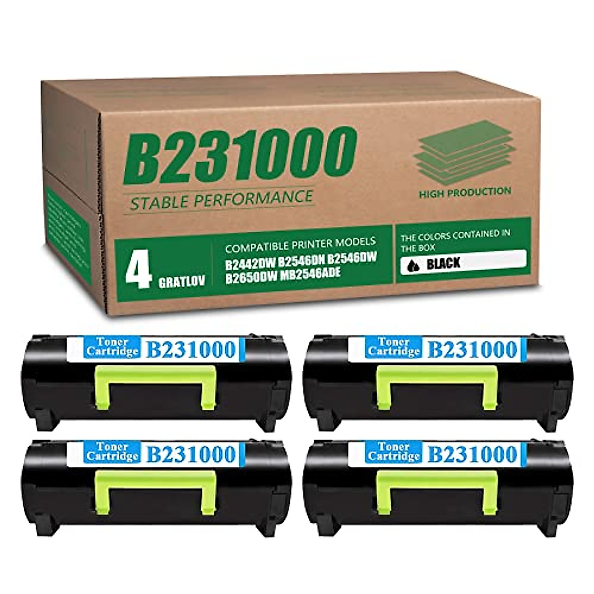 4 Pack Compatible B2338 / B231000 Remanufactured Toner Cartridge Replacement for Lexmark B2442dw B2546dn B2546dw B2650dw MB2338adw MB2546ade MB2650ade MB2650adwe Printer Toner Cartridge (Black).