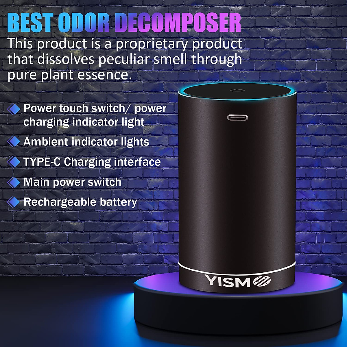 Clean Air Freshener and Odor Eliminator. Travel Size Electric Fragrance Diffuser Removes Pet, Smoke and Other Odors. Smart-Touch USB Charge. Home, Office or Travel. (Sandalwood, Black)