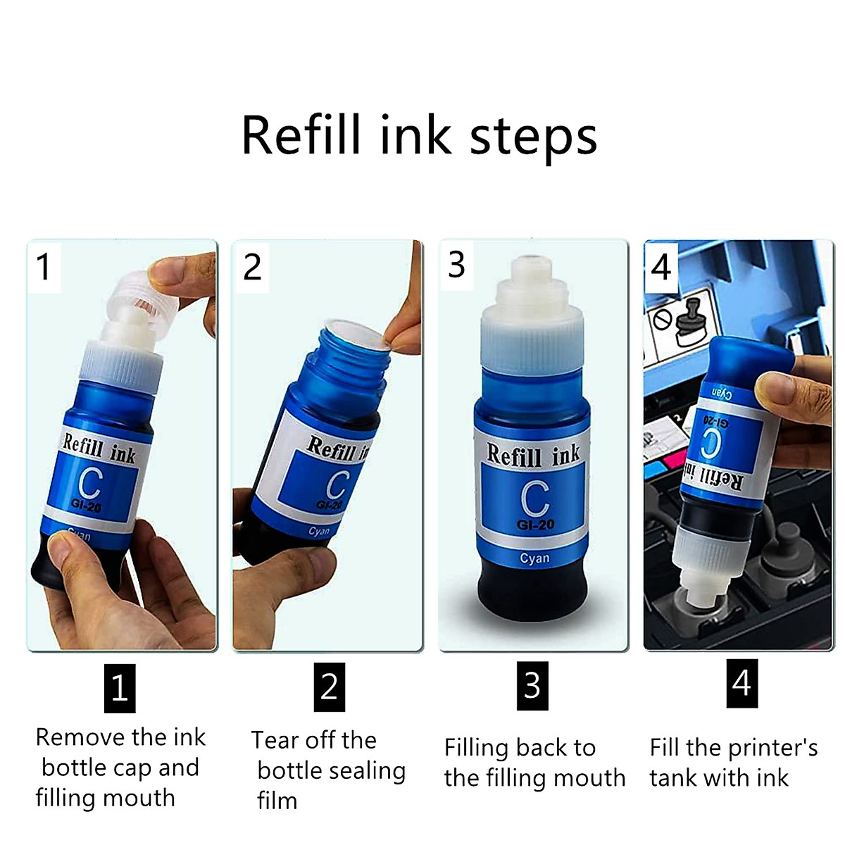 Compatible GI290 Refill Ink Bottles Replacement for Canon PIXMA G1000 G1200 G1800 G2100 G2200 G2400 G2800 G3200 G3600 G3800 G4100 G4600 G4210 megatank Inkjet Printer.1Bk,1C,1M,1Y,