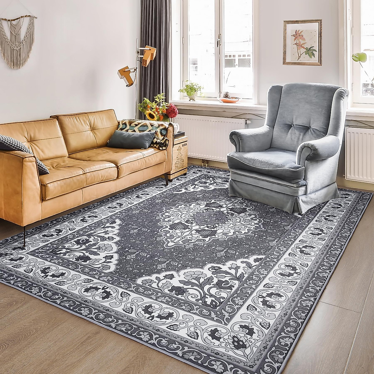 B BENRON Soft Living Room Rug 4x6,Grey,Thin Rugs for Bedroom,Floral Rug with Memory Foam, Low-pile Area Rug Home Decor