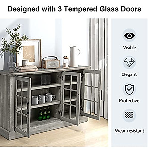 Giantex Buffet Cabinet with Storage, Farmhouse Large Sideboard, 3 Glass Door Adjustable Shelves, Anti-toppling Design, Wooden Credenza Cupboard for Living Room, Kitchen (Grey)