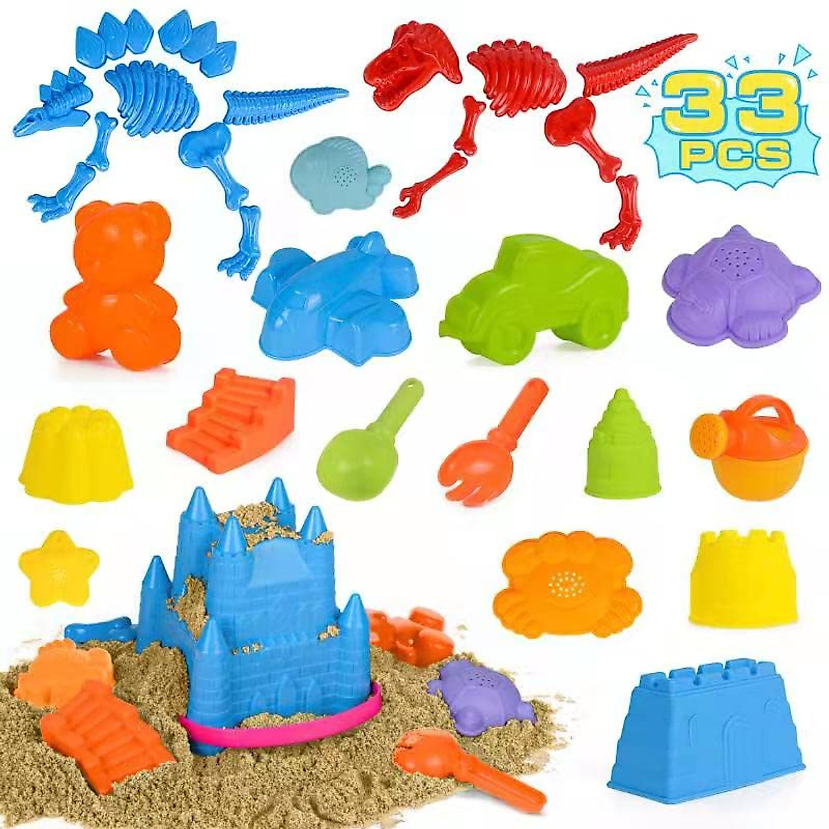 DANSIOYE Beach Toys for Kids 3-10, 33pcs Beach Toys for Toddlers Kids Sand Castle Toys with Beach Bucket. Sand Shovels, Sand Castle Molds Kit, Animal Molds, Mesh Bag, Sandbox Toys for Toddlers Babies