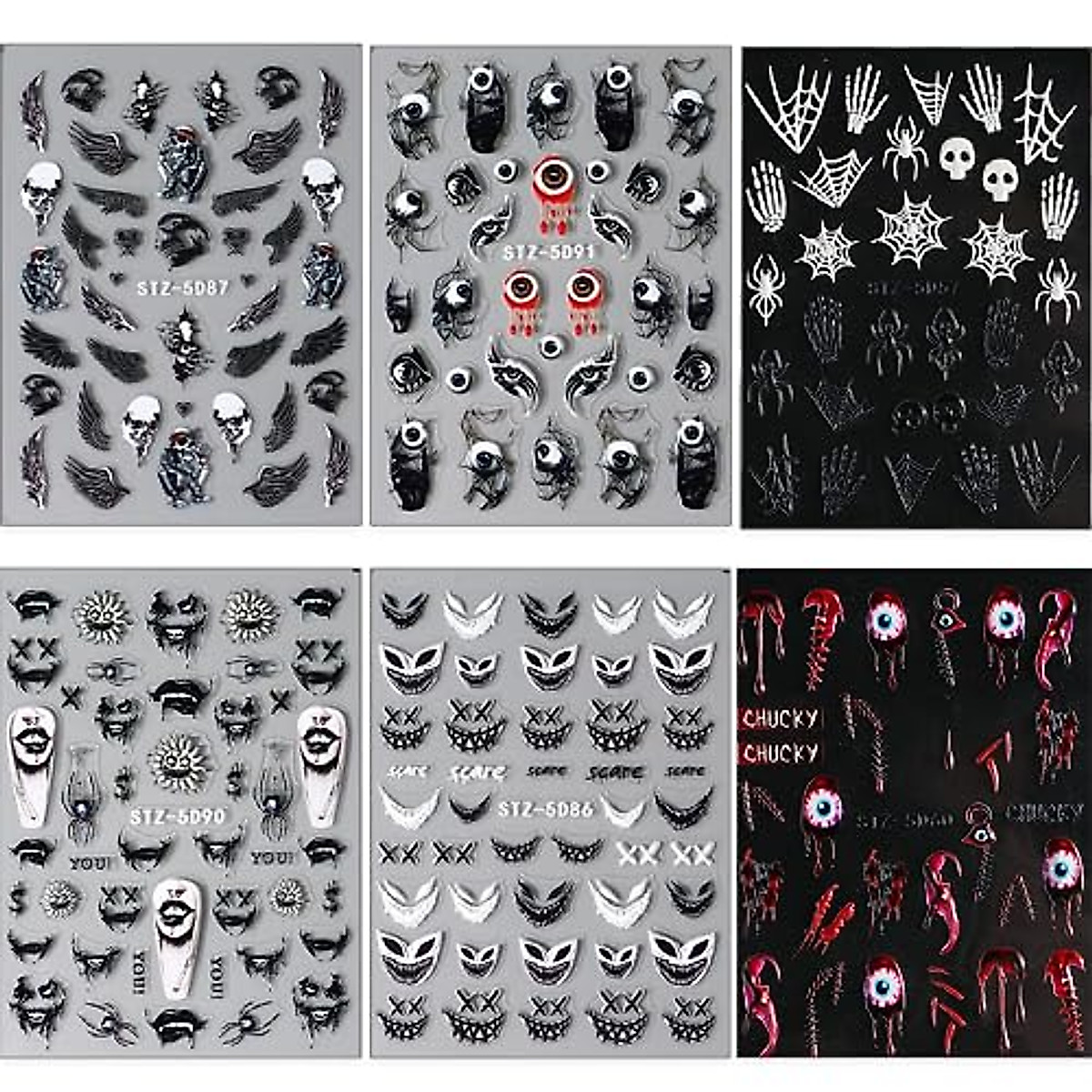 6 Sheets Halloween Nail Stickers 5D Stereo Relief Nail Decals for Acrylic Nail Art Gothic Evil Eyes Ghost Face Skeleton Pegatinas Uñas Self-Adhesive Nail Art Supplies Sky Wings Design Nail Accessories