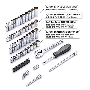 MIXPOWER 62-Piece 1/4-Inch Dr. Master Socket Set with Ratchets,Universal Joint, Extensions with 1/4'' Dr. Bits Set, SAE/Metric 6-Point 5/32-Inch - 9/16-Inch, 4 mm - 14 mm, CR-V Socket