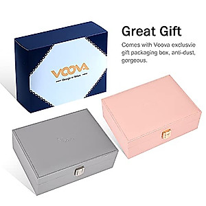 Voova Jewelry Box Organizer for Women Girls, 2 Layer Large Men Jewelry Storage Case, PU Leather Display Jewellery Holder with Removable Tray for Necklace Earrings Rings Bracelets, Vintage Gift,Grey