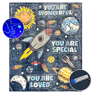 Glow in The Dark Blanket - Super-Sized 59"X71" Plush Space Blanket for Kids & Teens w/Mini UV Flashlight- Soft Thick Polyester Blankets w/Words of Affirmation - Fluffy Kids Blanket for Boys & Girls