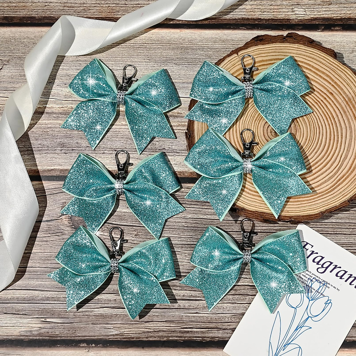Aileam 6PCS Cheer Bow Key Chain Glitter Green Hair Bow for Girls Rhinestones Sequin Bow School Senior Cheer Bow Accessories for Teen Softball football Cheerleader Sports