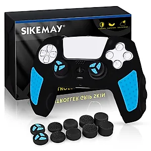 SIKEMAY PS5 Controller Cover Skin, Anti-Slip Thicken Silicone Protective Cover Case Perfectly Compatible with Playstation 5 Controller Grip with 10 x Thumb Grip Caps (Black-Blue)