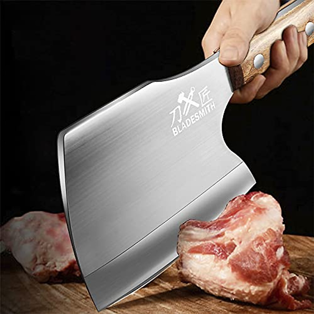 BLADESMITH Meat Cleaver Butcher Axe Bone Chopper Heavy Duty - 6.3'' Bone Cutting Knife Bone Breaker, Stainless Steel Thicken Blade & Pear Wood Handle, for Kitchen/Slaughterhouse Looks Manly