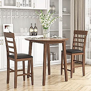 Voohek, Walnut 3-Piece Dining Set w/Drop-Leaf, 2 Upholstered Chairs,Counter Height Furniture, with PU Leather Cushion for Kitchen, Small Space, Bar