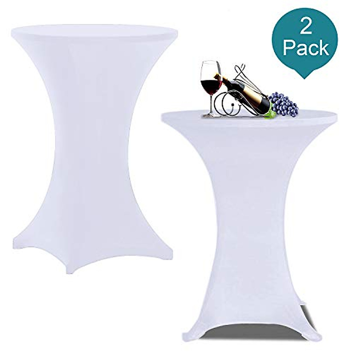 RELIANCER 2 Pack 36inch Highboy Cocktail Round Spandex Table Cover Four-Way Tight Fitted Stretch Tablecloth Table Cloth for Outdoor Party DJ Tradeshow Banquet Vendor Wedding(2PC 36''X43'',White)