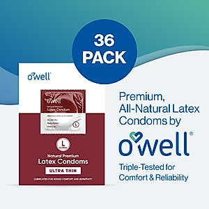 36 Latex, Ultra-Thin Condoms – Triple-Tested Lubricated Condoms with a Silicone Base for Comfortable Birth Control & Pleasure – Natural Latex Condoms for Men (2 x 7.2 in. Flat) by OWELL, Large