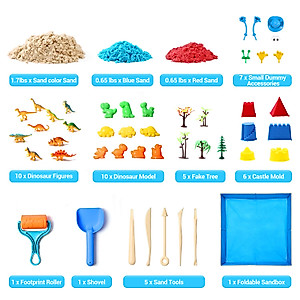 Theefun Play Sand 46Pcs Sand Toys Set with 3lbs Colored Sand-Beach Sand,Foldable Cloth Sandbox, Castle Tools, Dinosaur Figures-Sand Art Kits for Toddlers Boys Girls Gifts