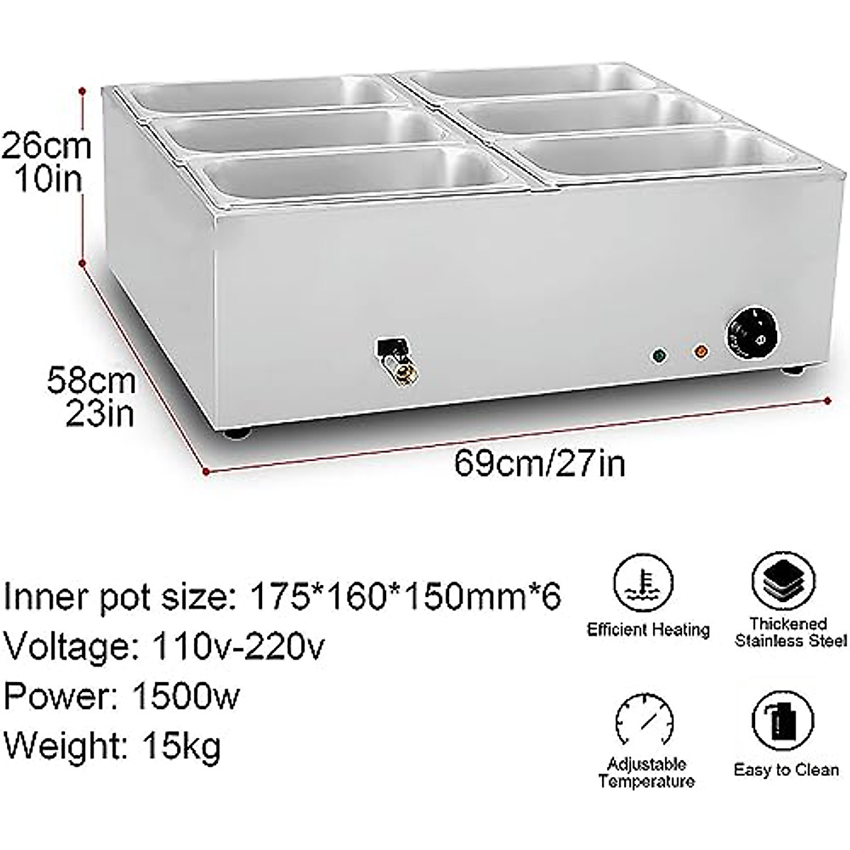 2/3/4/6 Commercial Electric Food Warmer, 1500W Stainless Steel Buffet Table Server, for Catering and Restaurants