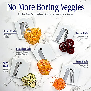Nuvantee Spiralizer for Veggies - Zucchini Noodle Maker Slicer w/ 5 Blade Cutter Attachments - Vegetable Spiralizer for Cucumber Slicer, Curly Fries, Zoodles, Potato, Squash & Spaghetti