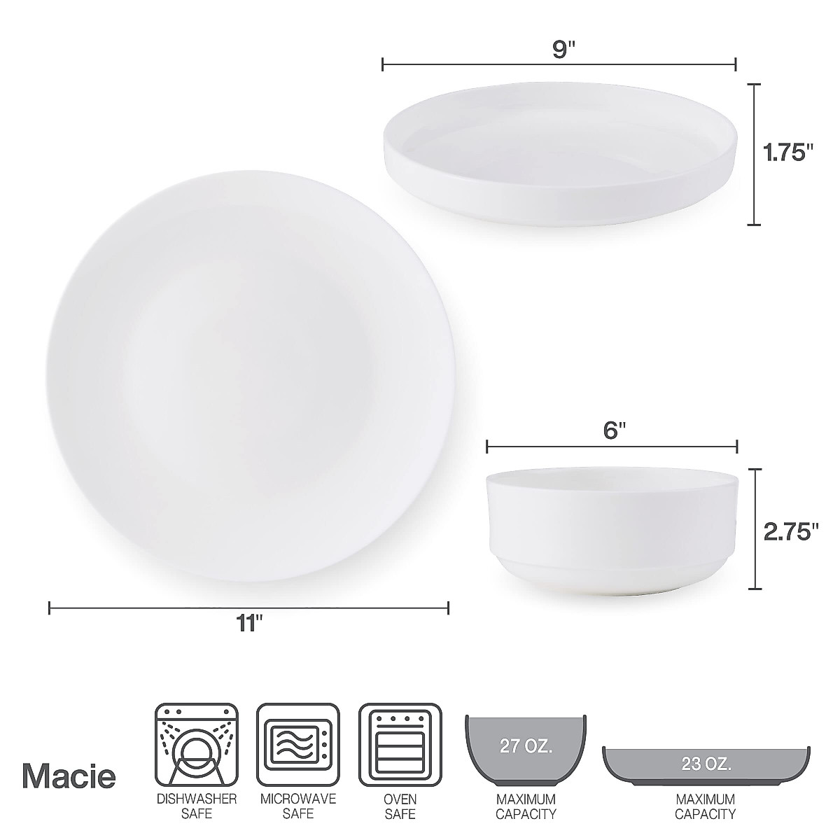 Mikasa Macie Bone China Lightweight Chip Resistant 12 Piece Dinnerware Set, Service for 4, White