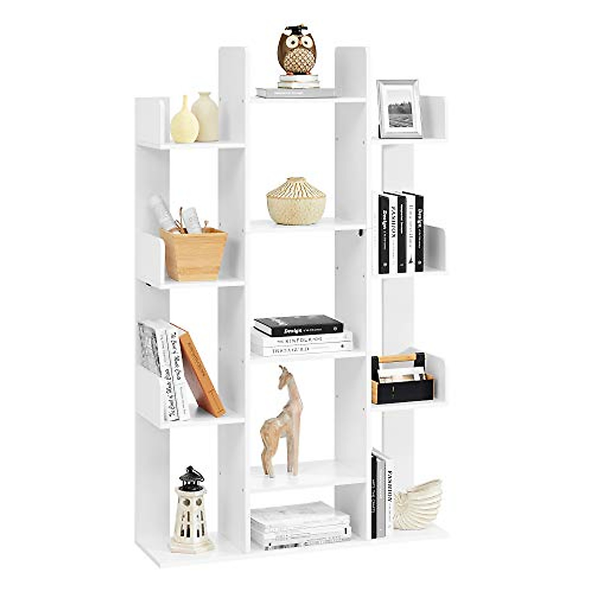 VASAGLE Bookshelf, Tree-Shaped Bookcase with 13 Storage Shelves, Rounded Corners, 9.8”D x 33.9”W x 55.1”H, White ULBC067W01