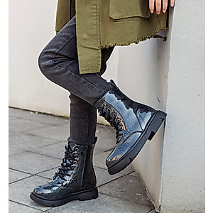 DADAWEN Boys Girls Waterproof Lace Up Glitter Mid Calf Combat Boots With Side Zipper for Toddler/Little Kid/Big Kid Black Glitter US Size 2 M Little Kid