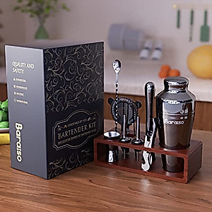 Baraiso Cocktail Shaker Set, Bartender Kit and Cocktail Shaker with Strainer, Bar Tool Kit Set and Mahogany Tool Sets with Mahogany Stand, Bar Accessories for The Home Bar Set - Black