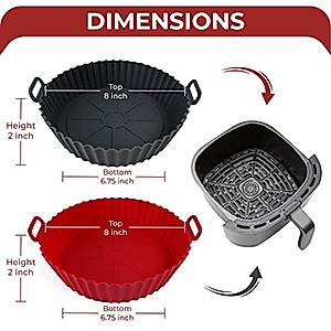 Air Fryer Silicone Liners Set of 2 Air Fryer Liners Pot Reusable Silicone Liners for Cooking, Baking, Oven Safe Replacement of Flammable Parchment Liner paper Grey+Red (Top 8 in, Bottom 6.8in)