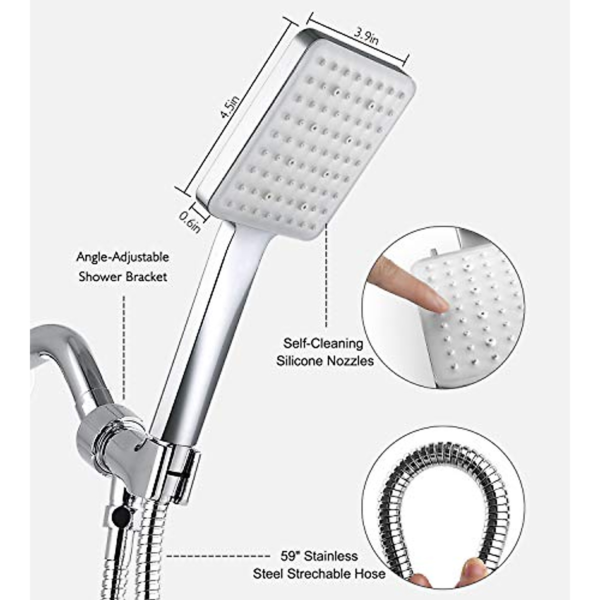 GRICH High Pressure Shower Head with Handheld, 6 Spray Modes/Settings Detachable Shower Head with Stretchable 59" 304 Stainless Steel Hose and Multi Angle Adjustable Shower Bracket