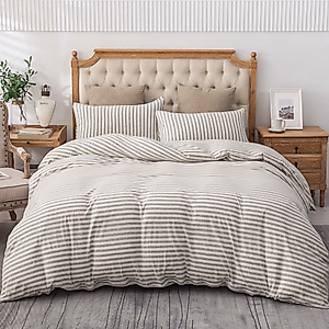 PURE ERA Jersey Knit Duvet Cover Set 100% T-Shirt Heather Cotton Super Soft Comfy Classic Striped Design, with Zipper Closure, Grey & White Stripe, Queen