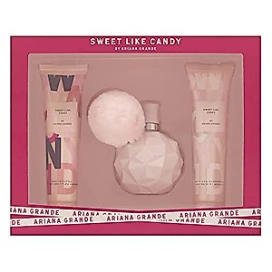 Sweet Like Candy By Ariana Grande | 3 Piece Gift Set - 3.4 Oz Eau De Parfum Spray, 3.4 Oz Body Souffle, 3.4 Oz Bath And Shower Gel | Fragrance For Women