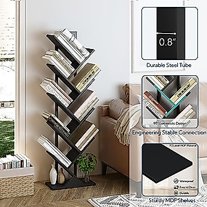 Yusong Tree Bookshelf, Geometric Bookcase with Steel Pipe for Living Room Bedroom, Floor Standing Books Shelves for Home Office (Black, 9 Tier)