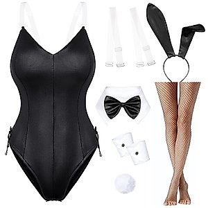 Womens Bunny Costume Girl Bodysuit Anime Role Costume Senpai Cosplay Bodysuit One Piece Stockings Set（Black S