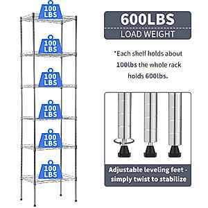 YYkokocat 6-Shelf Adjustable Storage Shelves 600Lb Capacity Metal Wire Shelving Unit Storage Rack for Kitchen Bathroom Corner Shelf Organizer for Small Space, 16.7D x 11.8W x 63H, Chrome