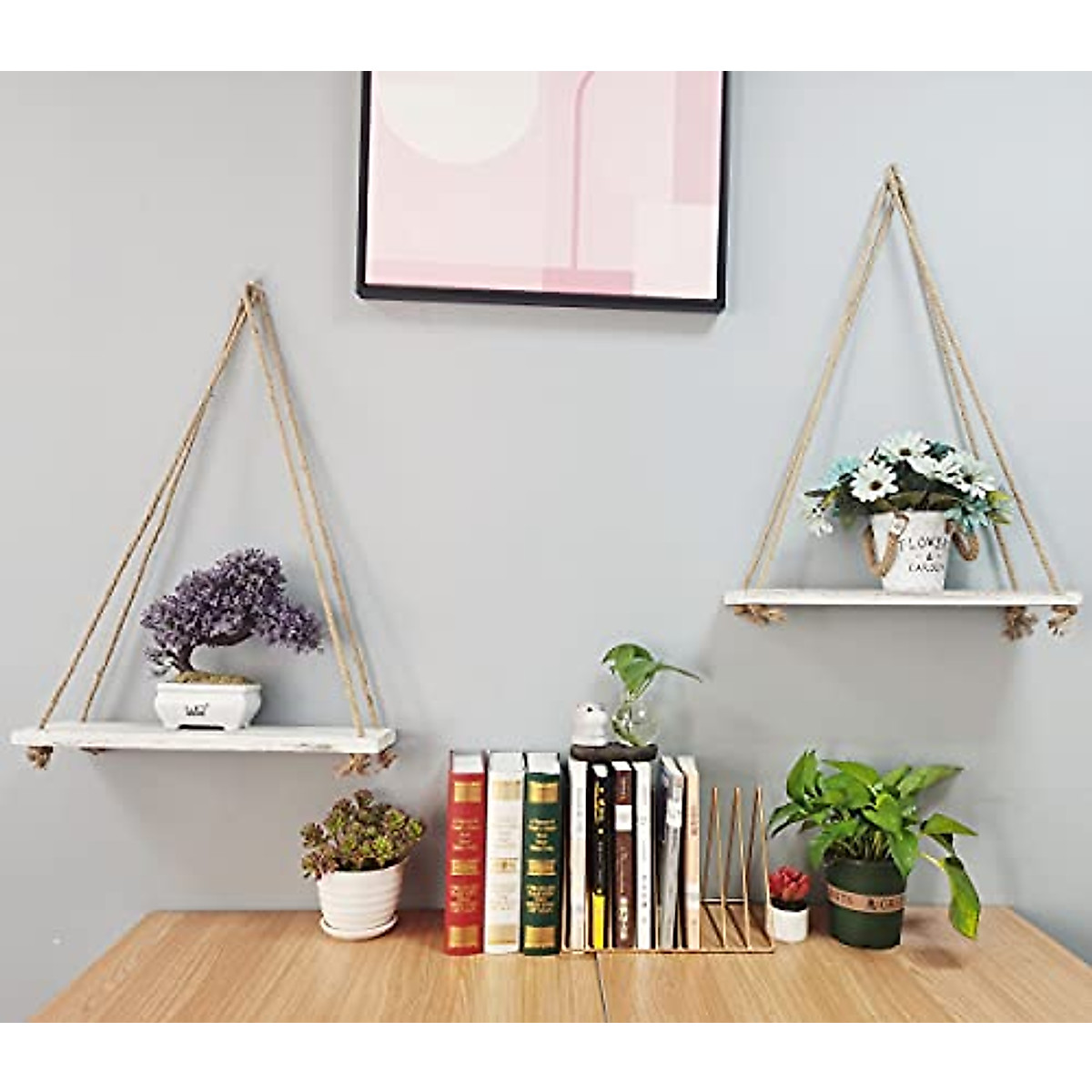 HoreZer Wood-Rope Hanging Floating Shelves Wall Decor Set of 2, Rustic White Wall Shelf with 4 Hooks and 4 Ropes,Wall Hanging Rope Shelves for Garden Kitchen Bathroom Living Room